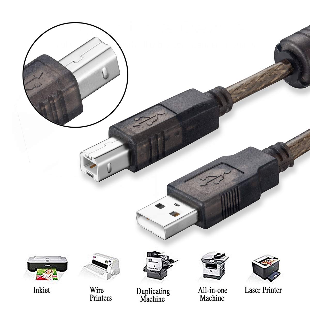 Tan QY Active USB 2.0 Printer Cable 50Ft - A-Male to B-Male High Speed Printer/Scanner/Repeater Cable for HP, Canon, Lexmark, Dell, Samsung etc (50Ft/15M)