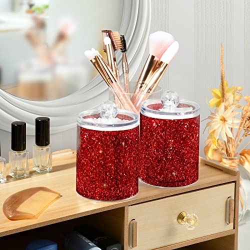 ALAZA 4 Pack Qtip Holder Dispenser Red Glitter Bathroom Organizer Canisters for Cotton Balls/Swabs/Pads/Floss,Plastic Apothecary Jars for Vanity