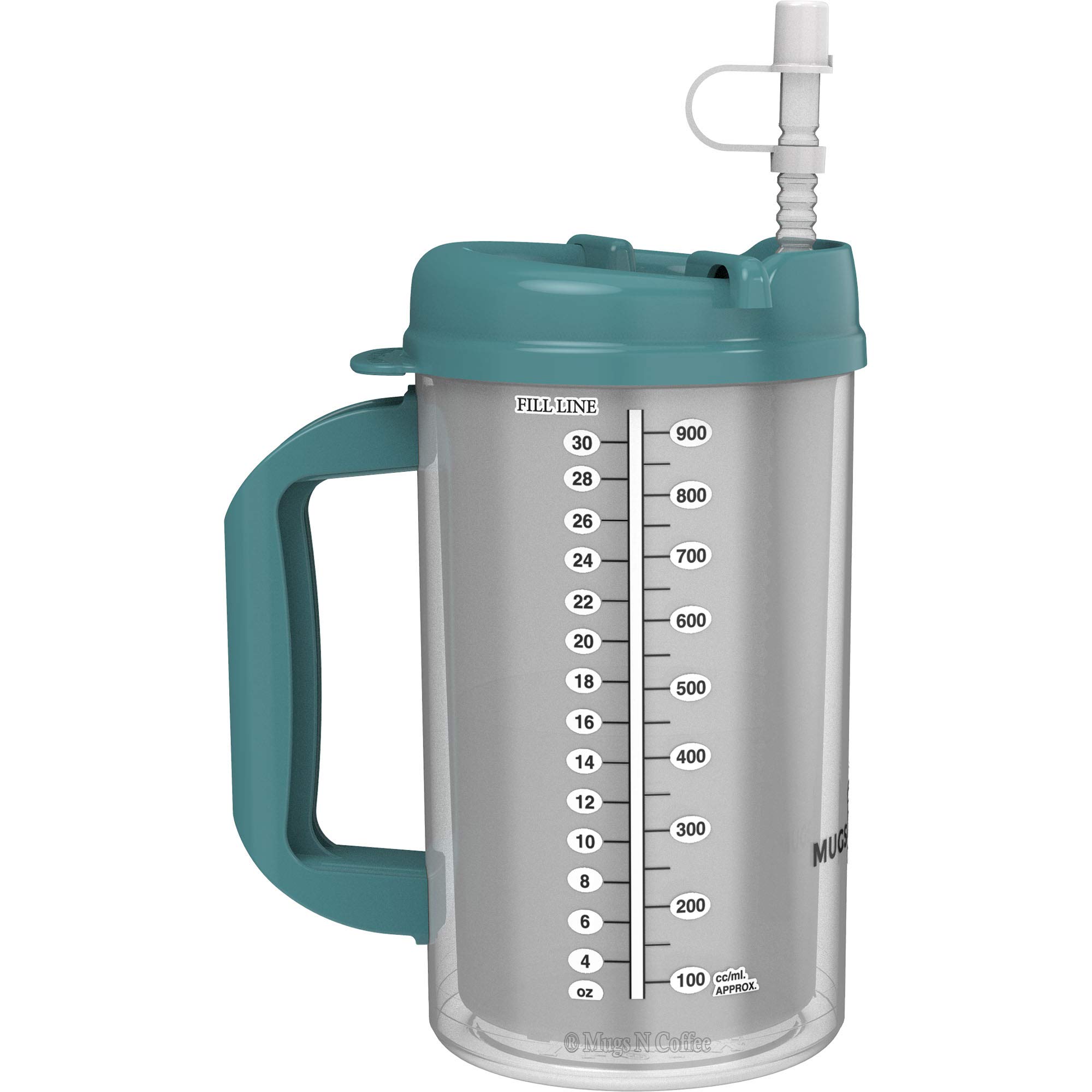 32 oz Double Walled Hospital Mug with Straw - Teal Lid and Handle - Mugs N Coffee