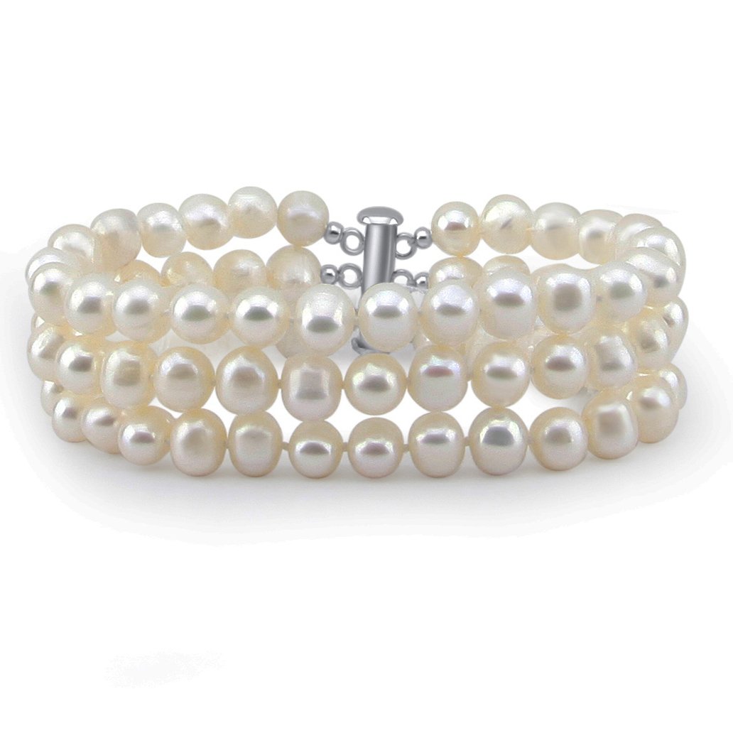 3-Row White A Grade 6.5-7mm Freshwater Cultured Pearl Bracelet With rhodium plated base metal Clasp, 7.5 Inches