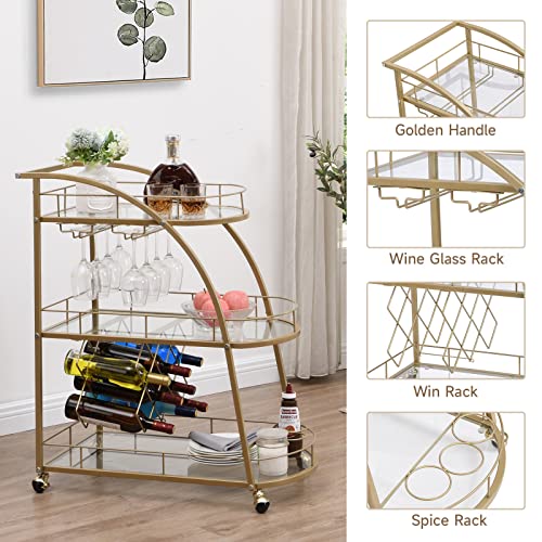 Angel Sar Gold Bar Cart on Wheels, 3 Tier Home Bar Serving Cart with 3 Glass Shelves, Wine Racks, Glass Holders, for Kitchen, Dining Room