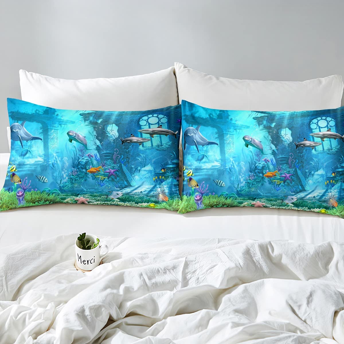 Erosebridal 3D Underwater World Bed Sheets Beach Fish Sea Blue Sheet Set Queen Size, Shark Dolphin Fitted Sheet for Kids Child, Jellyfish Starfish Bedding Set Tropical Sealife Bedroom Decor