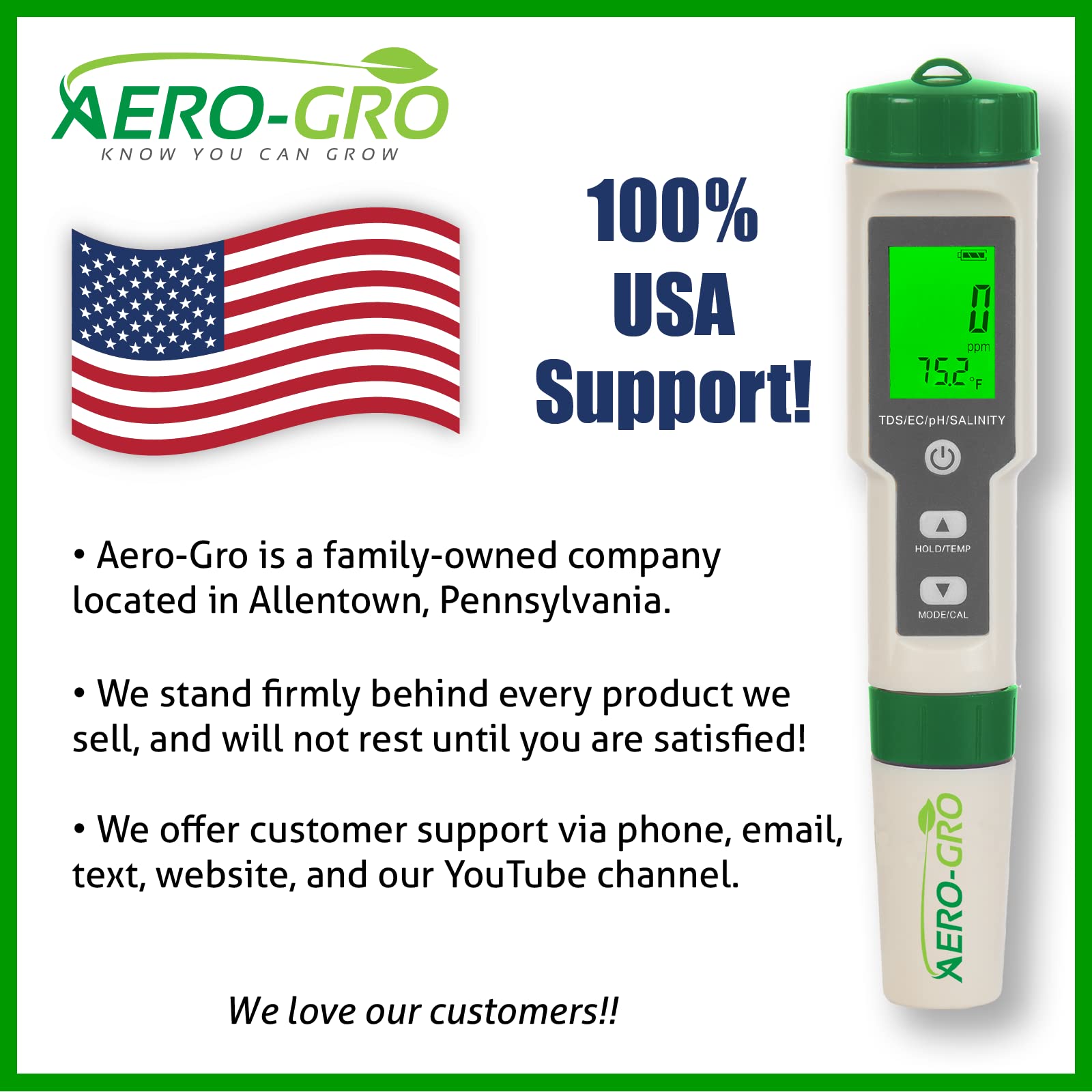 AERO-GRO Digital 5-in-1 Meter: 5 Functions: pH, TDS, EC, Salinity%, Salinity ppm, and Temp, IP67 Waterproof, Pen-Type Tester for Hydroponics, Water, Wine, Spas, Aquariums