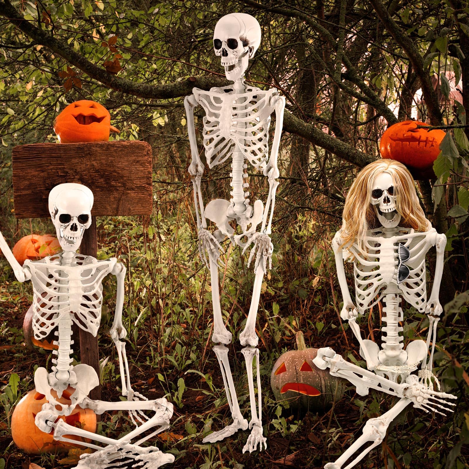 3 Pcs Halloween Skeleton Decoration Poseable Skeleton Full Size Halloween Skeleton Plastic Skeleton with Movable Posable Joints for Hanging Halloween Outdoor Yard Garden Lawn Party Decor (5 ft)