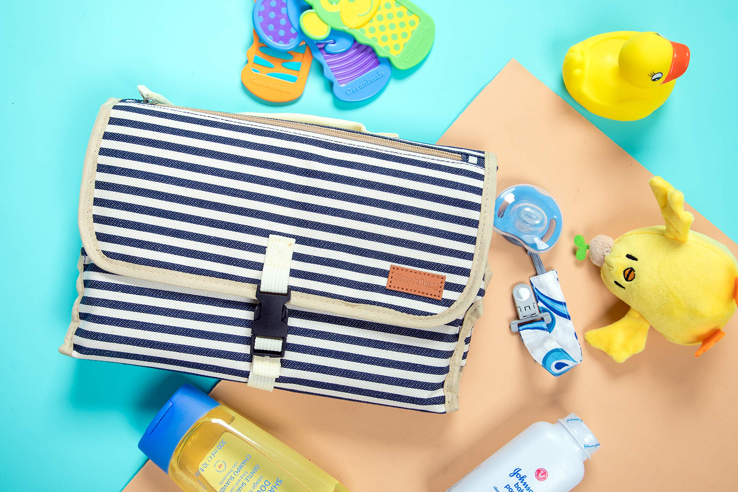 Simple Being Portable Changing Pad, Travel Diaper Canvas Clutch Mat, Diaper Bag Essential with Storage Pockets for Wipes and a Supportive Foam Head Pillow Padding (Navy Stripe)