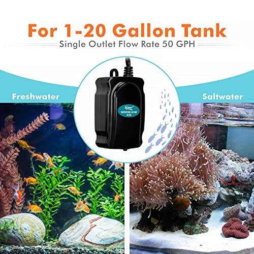 hygger Mini Aquarium Air Pump Kit Small Fish Tank Air Pump 1W for 1-20 Gallon Fish Bowl with Air Tube Air Bubbler Stone Check Valve (1W)