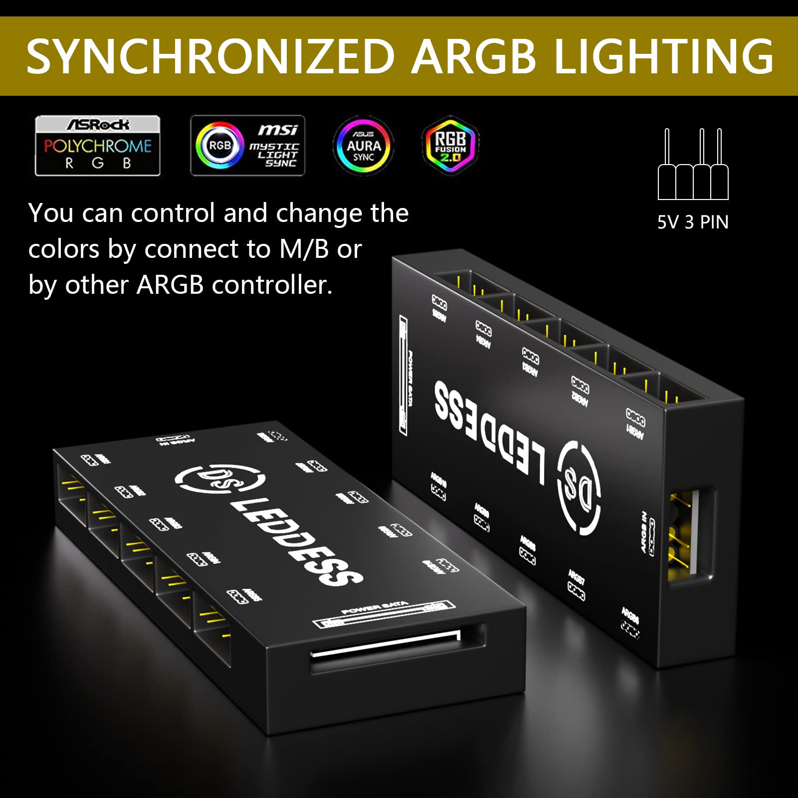 DS leddess Connector 11 Port ARGB Splitter Hub for LED Fans and Lights, SATA Power 1 to 10 ARGB Extension Cords, 5V ARGB Motherboard Sync(B Series)