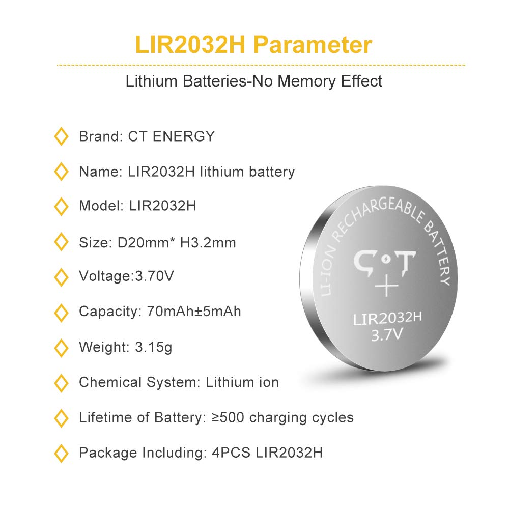 CT-ENERGY LIR2032 Rechargeable Batteries 3.7V with High Capacity 70mA Can Be Replacement of Rechargeable Coin Cell Lithium Batteries ML2032