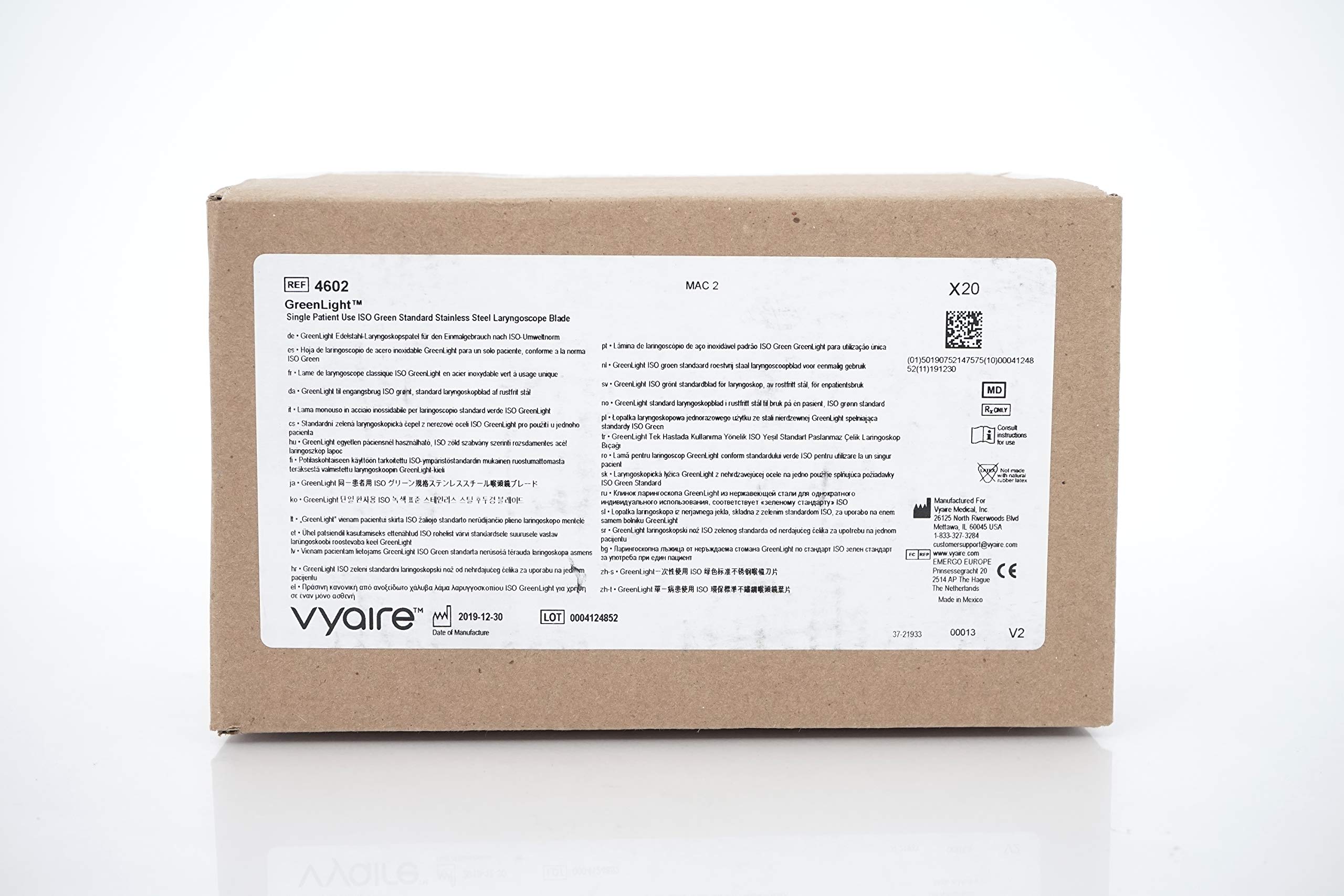 Vyaire Medical Greenlight Laryngoscope Blade, Stainless Steel, Size 2, Single Patient, ISO Standard, Case of 20, 4602