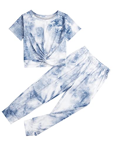 Arshiner Tie Dye Jogger Sets for Girls Casual Twist Front Tops & Pants Set Dusty Blue 8-9 Years Old