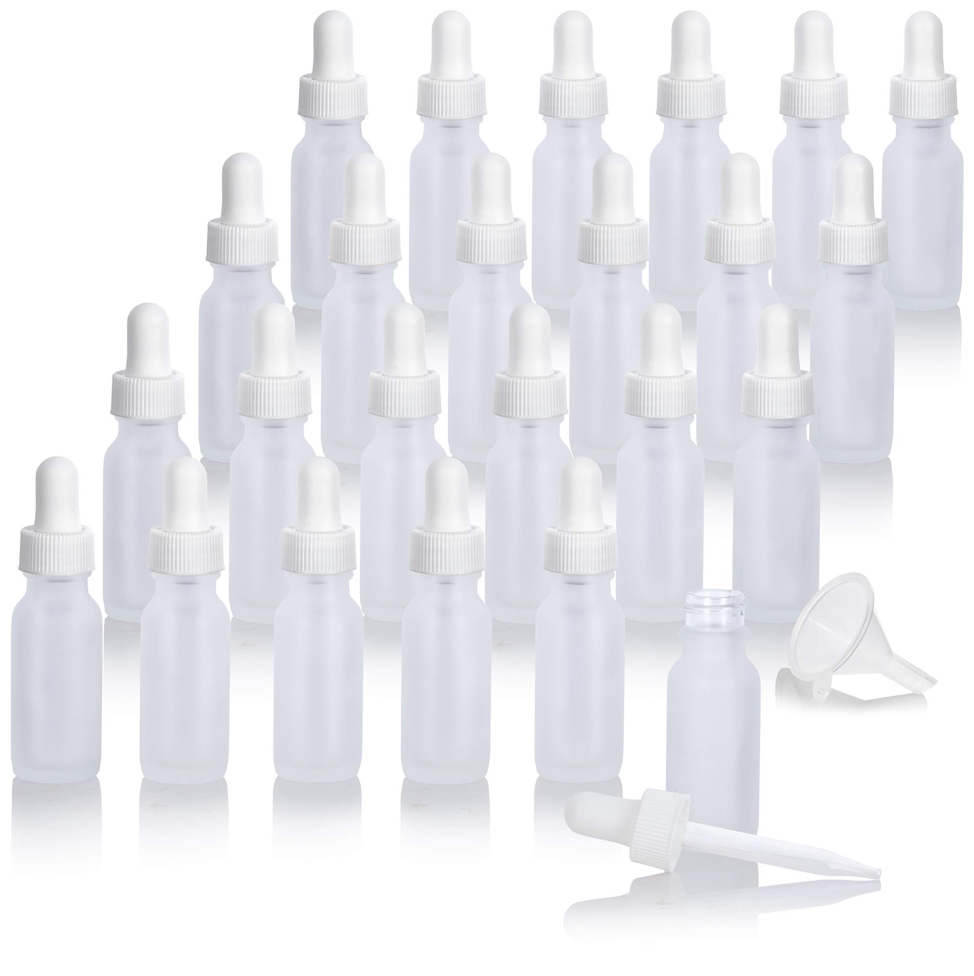 JUVITUS 0.5 oz / 15 ml Frosted Clear Glass Thick Wall Boston Round Bottle with White Dropper (24 Pack) + Funnel