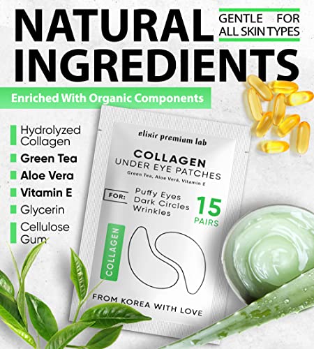 Elixir Premium Lab Collagen & Green Tea Under Eye Patches with Cooling Effect - Reduce Wrinkles, Dark Circles, and Under Eye Bags - 15 Pairs