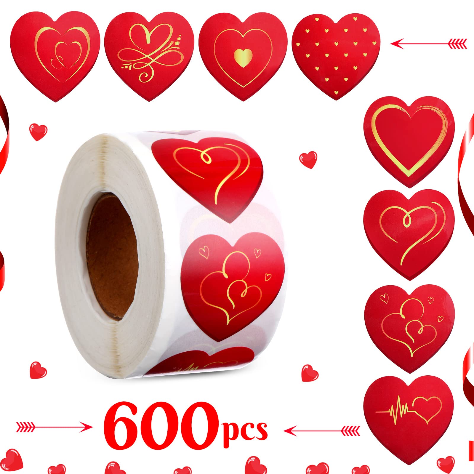 600 Pcs Valentine's Day Red Heart Stickers 1.5 Inch Red Stickers Heart Shape Valentines Stickers for Kids Valentine's Day Envelope Card