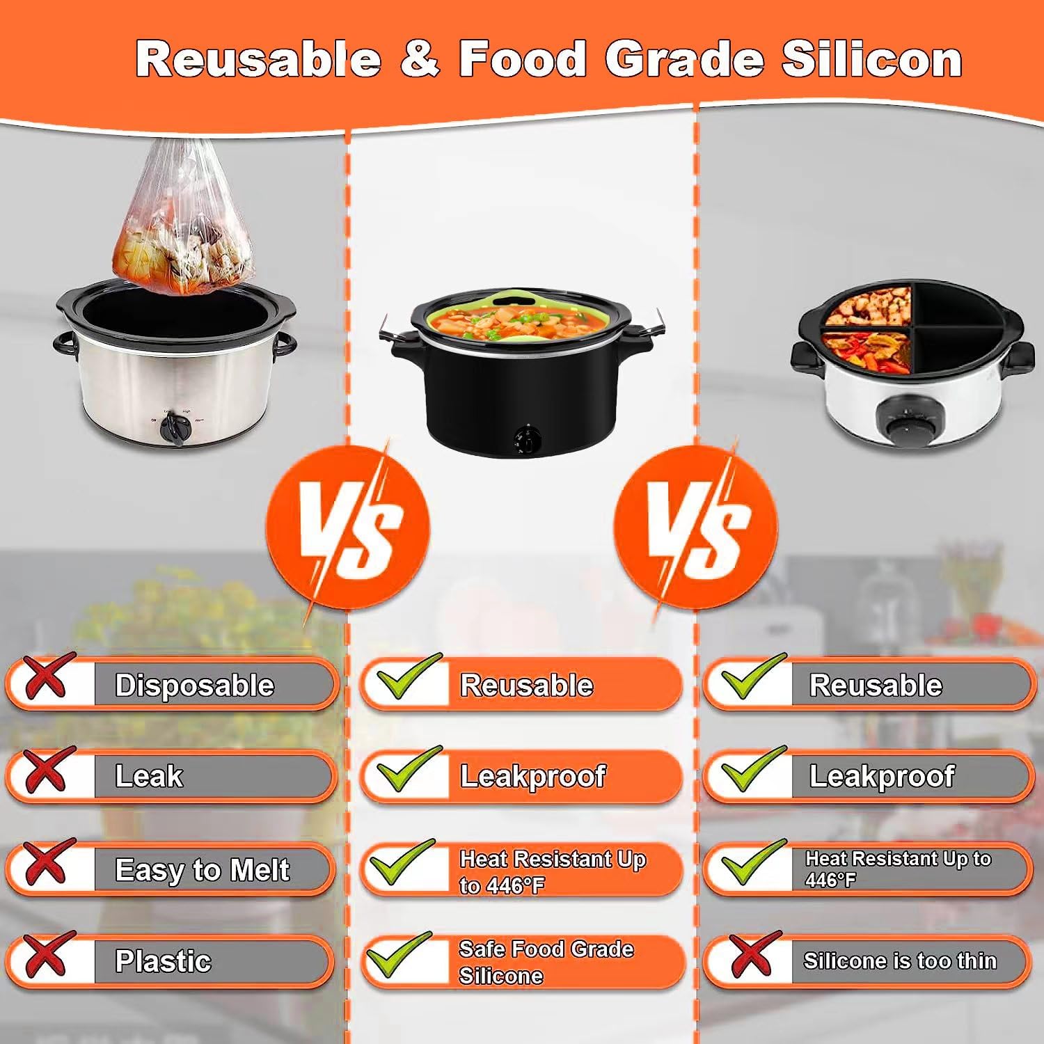 2pcs Silicone Slow Cooker Liners, Reusable Slow Cooker Liners for 6-10 Quarts, Leakproof & Easy Clean Crock-Pot Cooking Bags Liners with Handle for Oval or Round Pot (Green+Blue)