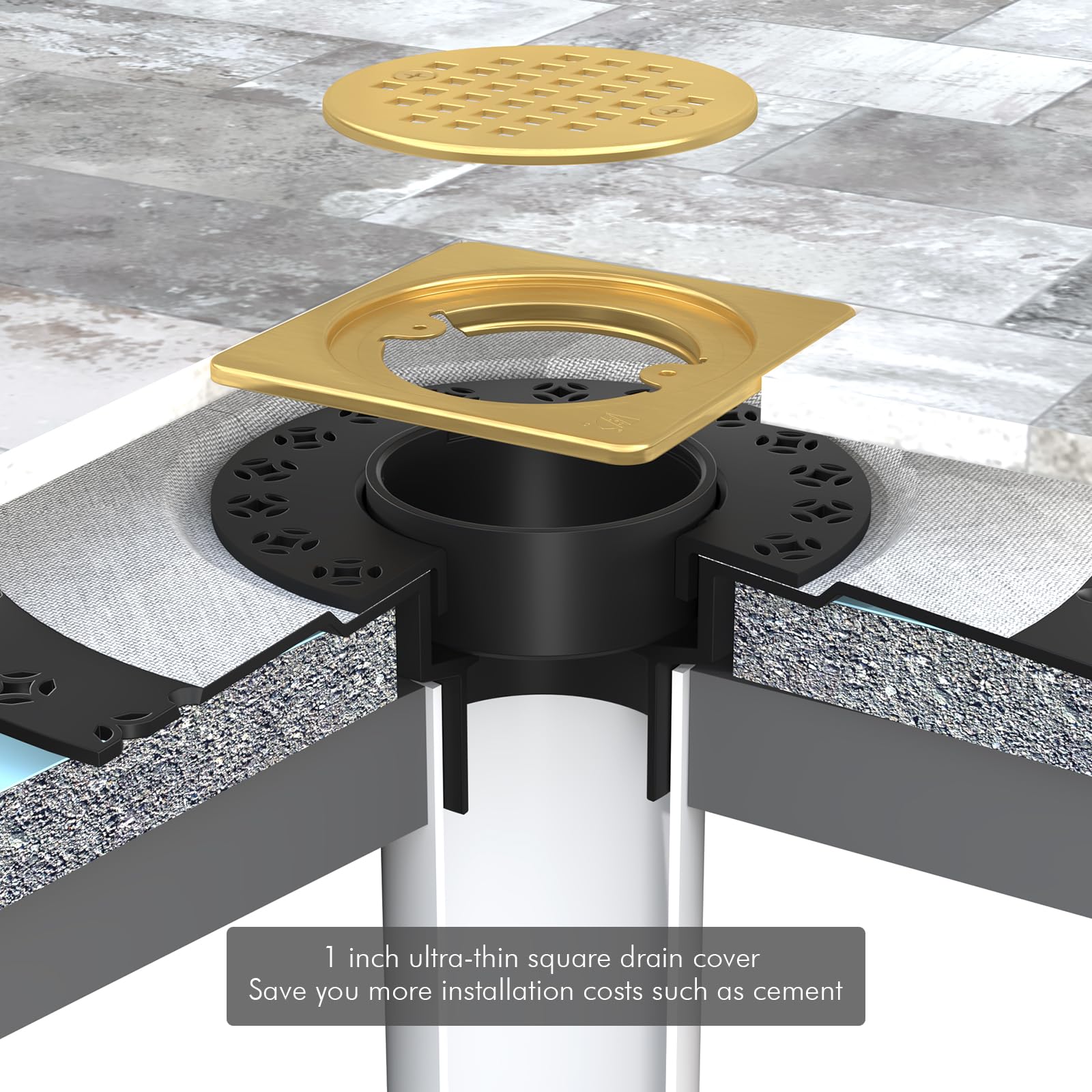 4” Drain Grate Kit - Compatible with Schluter Kerdi Shower Drain - Square Shower Floor Drain Kit with Flange - SUS 304 Stainless Steel Grate & 2 Inch ABS Flange & CUPC Certification - Brushed Brass