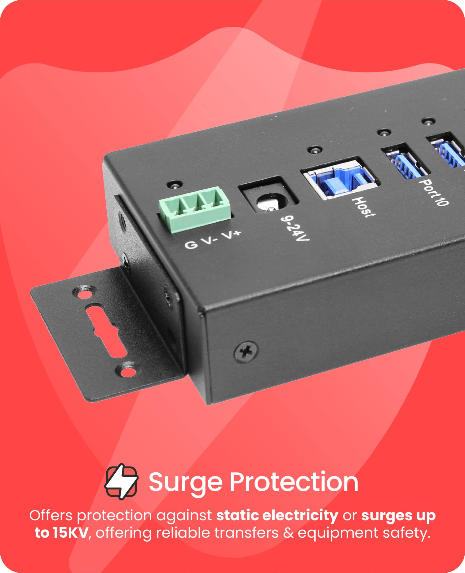 USB 3.2 Gen 1 10 Port Industrial Metal Hub w/15KV ESD Protection