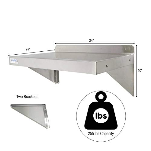 GSW Stainless Steel Commercial Wall Mount Shelf Industrial Appliance Equipment (Restaurant, Bar, Home, Kitchen, Laundry, Garage and Utility Room) NSF Approved (12”D x 24”W)