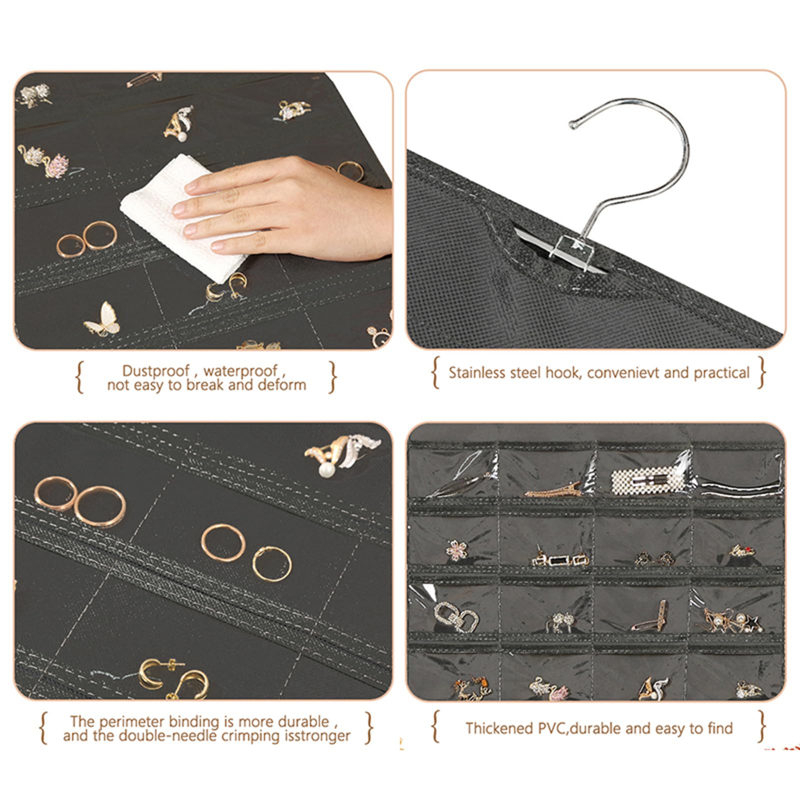 Double-Sided Hanging Jewelry Organizer with 48 Pockets and 8 Hooks – Versatile Accessories Holder for Earrings, Necklaces, Rings, Glasses – Wall, Door, or Closet Mounted Jewelry Hanger.