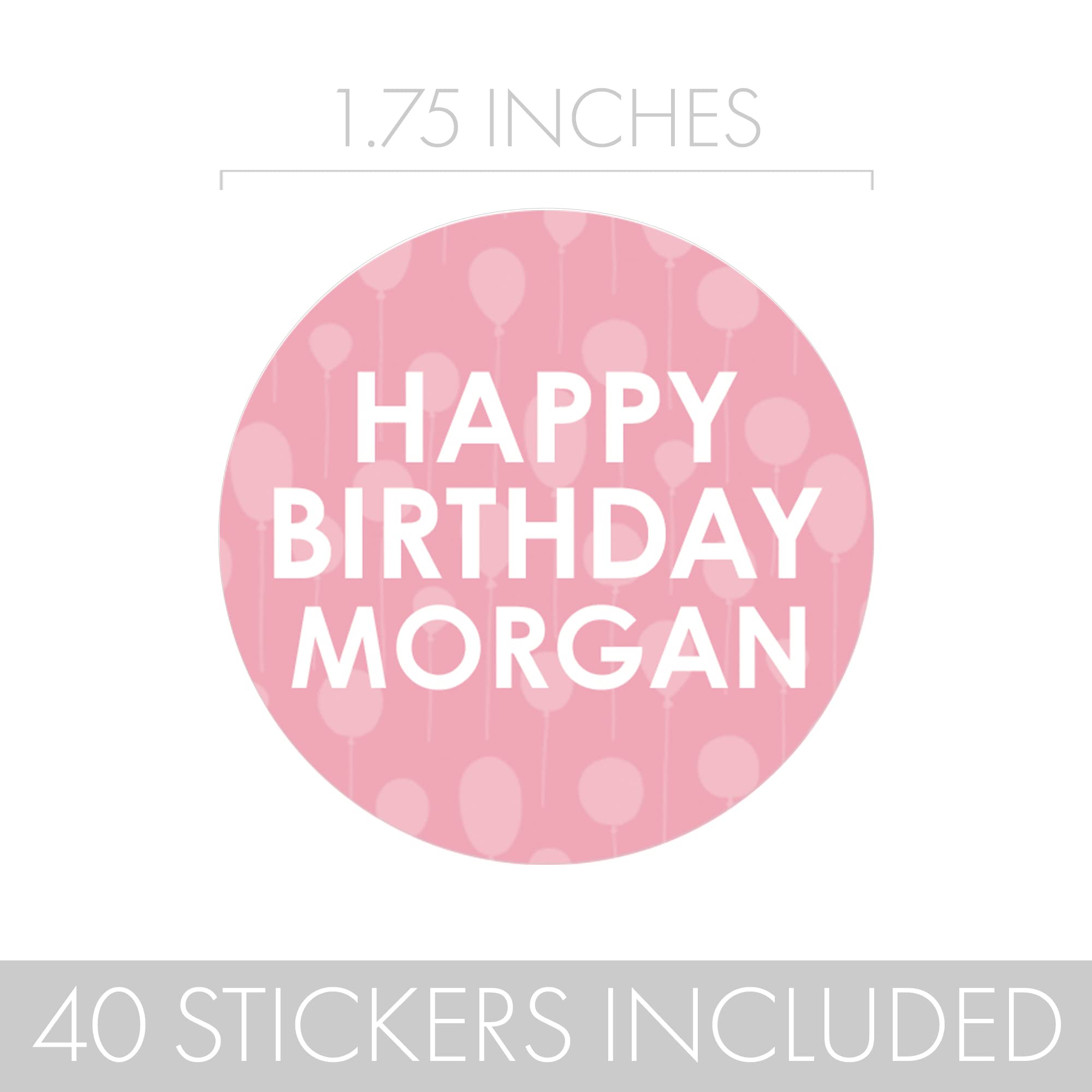 Personalized Happy Birthday Party Favor Stickers with Name - Custom Envelope Seals, Bag Stickers - 1.75 in. Round - 40 Labels (Light Pink)
