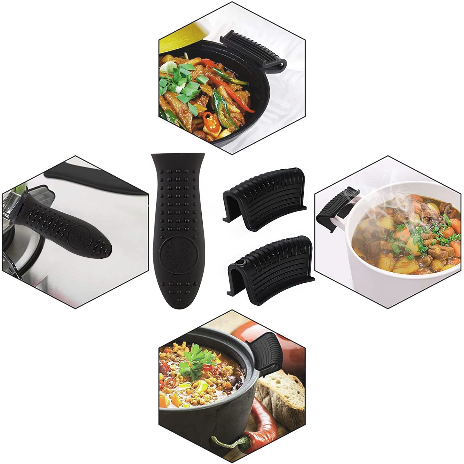 3 pcs Pot Side Handle Sleeve, Frying Pan Handle Covers Holders, Silicone Assist Hot Cookware Skillet Handle Covers Mitts, Cool Kitchen Gadget Anti Scalding Accessories(Black)