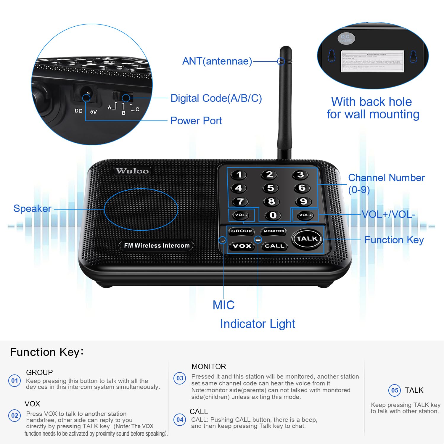 Wuloo Intercoms Wireless for Home 5280 Feet Range 10 Channel 3 Code, Wireless Intercom System for Home House Business Office, Room to Room Intercom, Home Communication System (4 Units Set, Black)