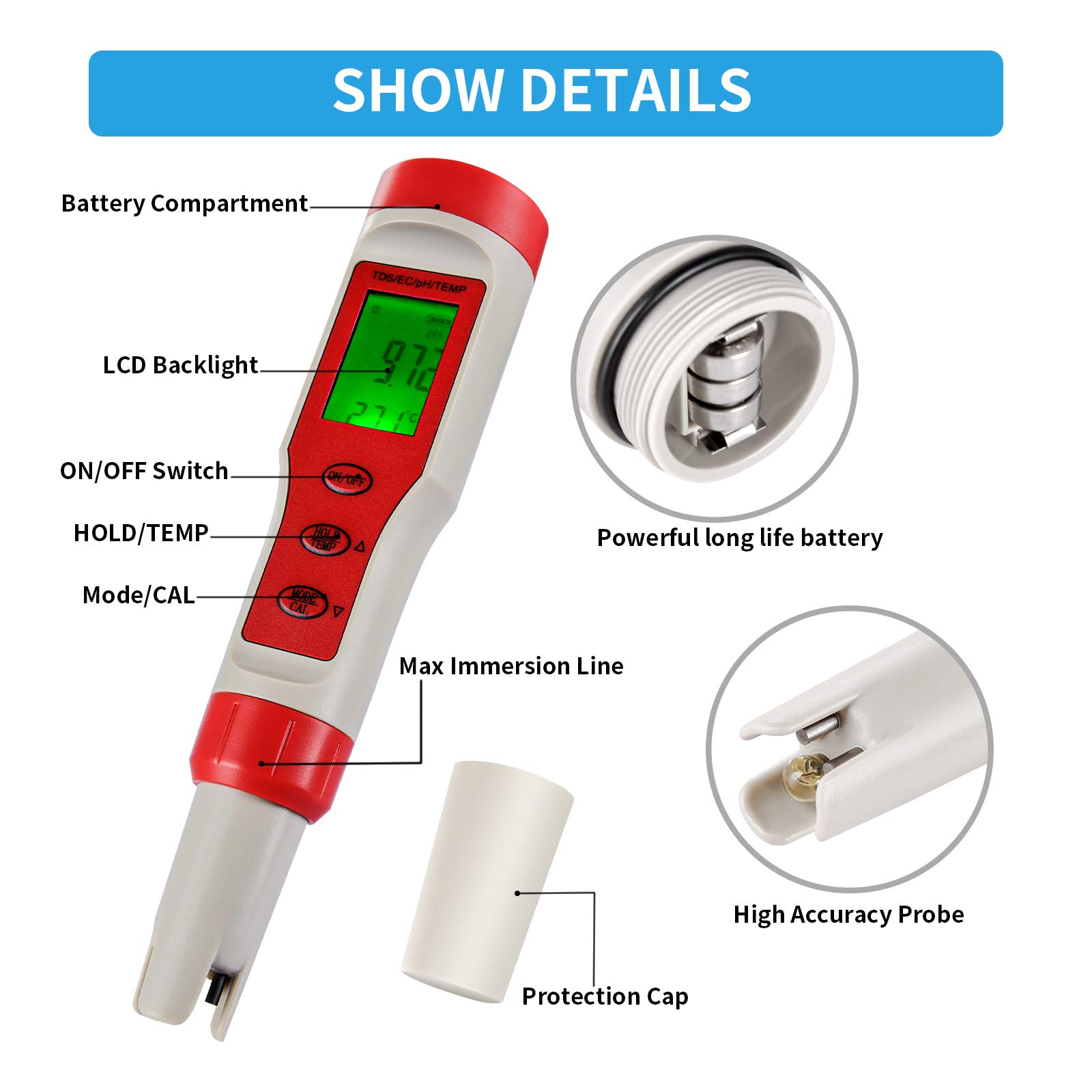 iPower pH Meter Digital Water Lab TDS Tester with EC/Temp Function 4-in-1 ±0.1 High Accuracy for Drinking Water, Pool, Aquarium, Pond, Beer Brewing