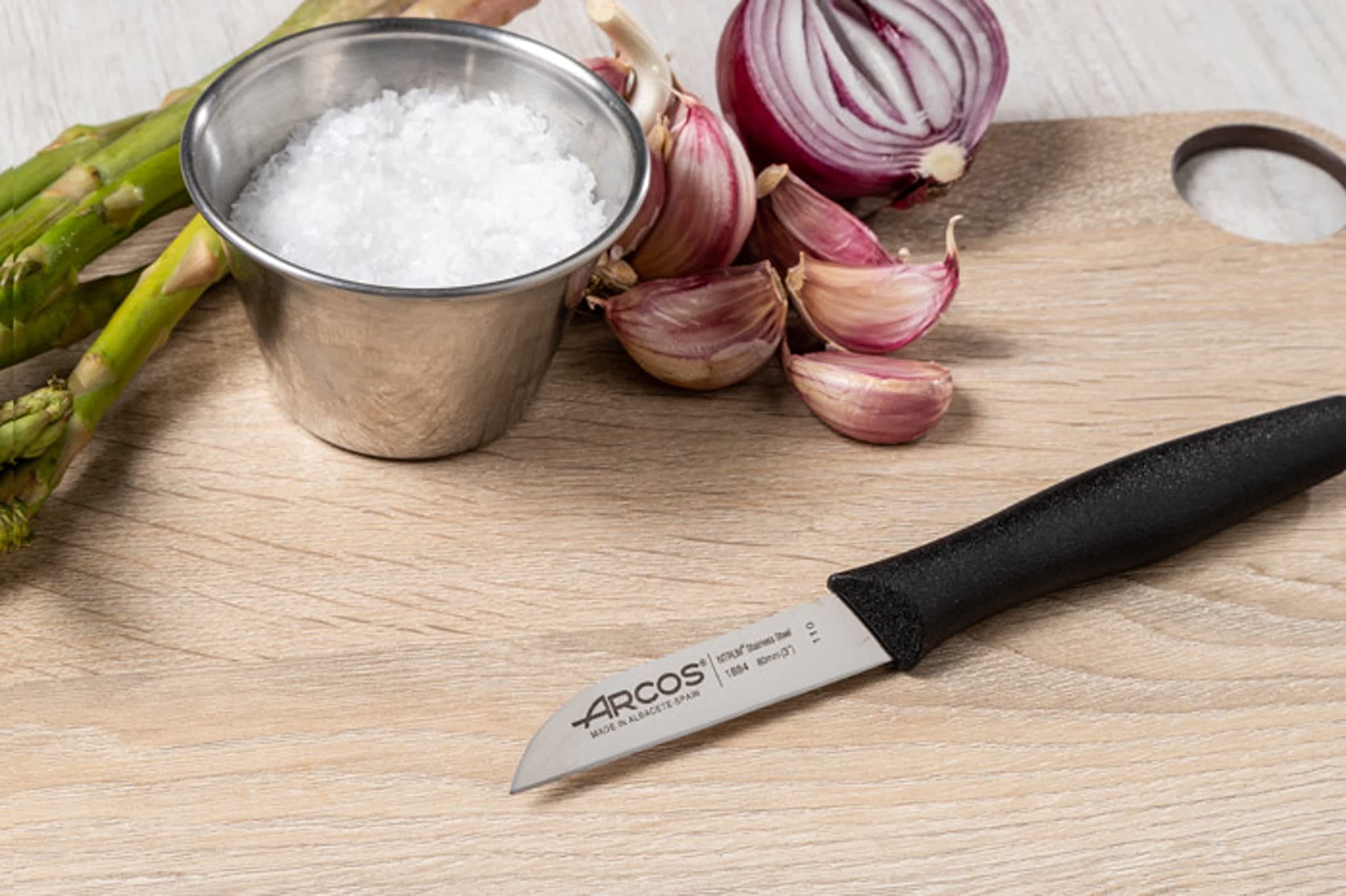 ARCOS Paring knife 3 inches Nitrum Stainless Steel.Paring Knife for Peeling Fruits and Vegetables. Ergonomic Polypropylene Handle and blade 80 mm. Innovation, Elegance. Series Nova. Color Black.