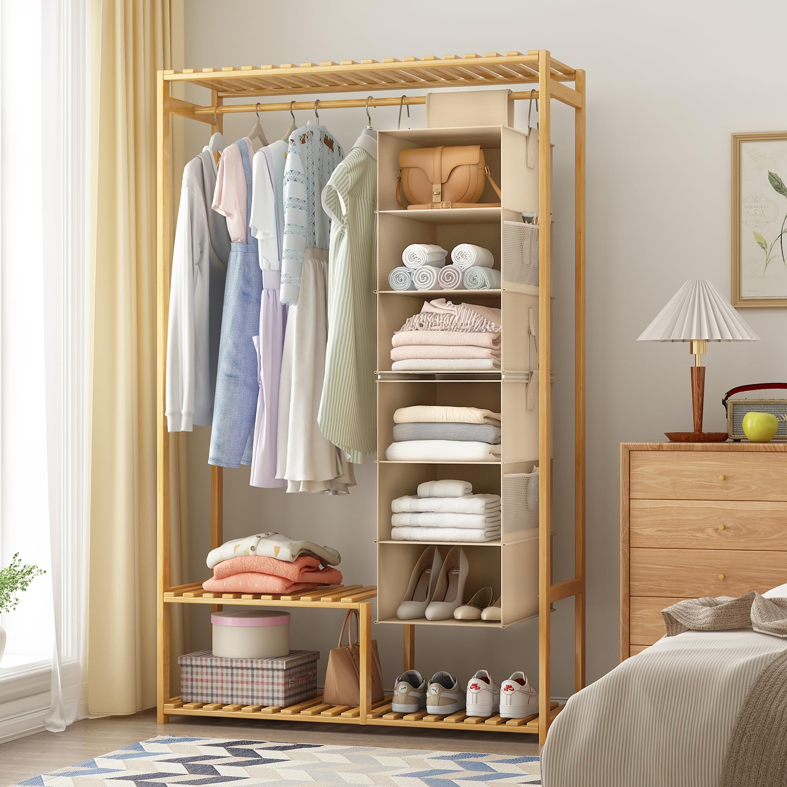 Fixwal 2 Pack 3-Shelf Hanging Closet Organizer 6-Shelf Separable Hanging Shelves Collapsible Hanging Storage Shelf for Bedroom College Dorm Pantry Camper RV, Creamy-White
