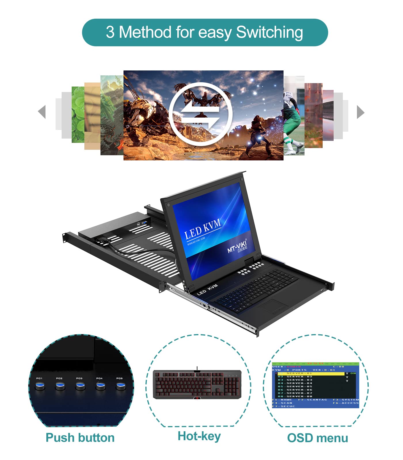 MT-Viki Rack KVM Switch VGA 8 Port w/17'' LCD Monitor, LCD KVM Console Fit 1U 19'' Rack, Support OSD/Hotkey, Integrated with Keyboard+Touch pad+Drawer+8 KVM Cables