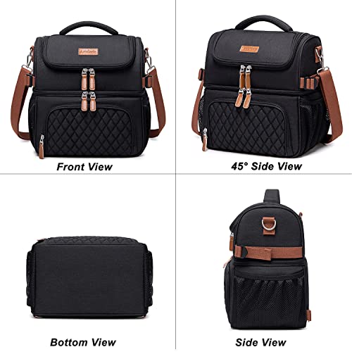 Artelaris Lunch Bag for Men Women, Large Double Deck Lunch Box Tote for Work, Dual Compartment Insulated Leakproof Lunchbox Cooler for Adult with Shoulder Strap & Side Pocket for Picnic Hiking Outdoor