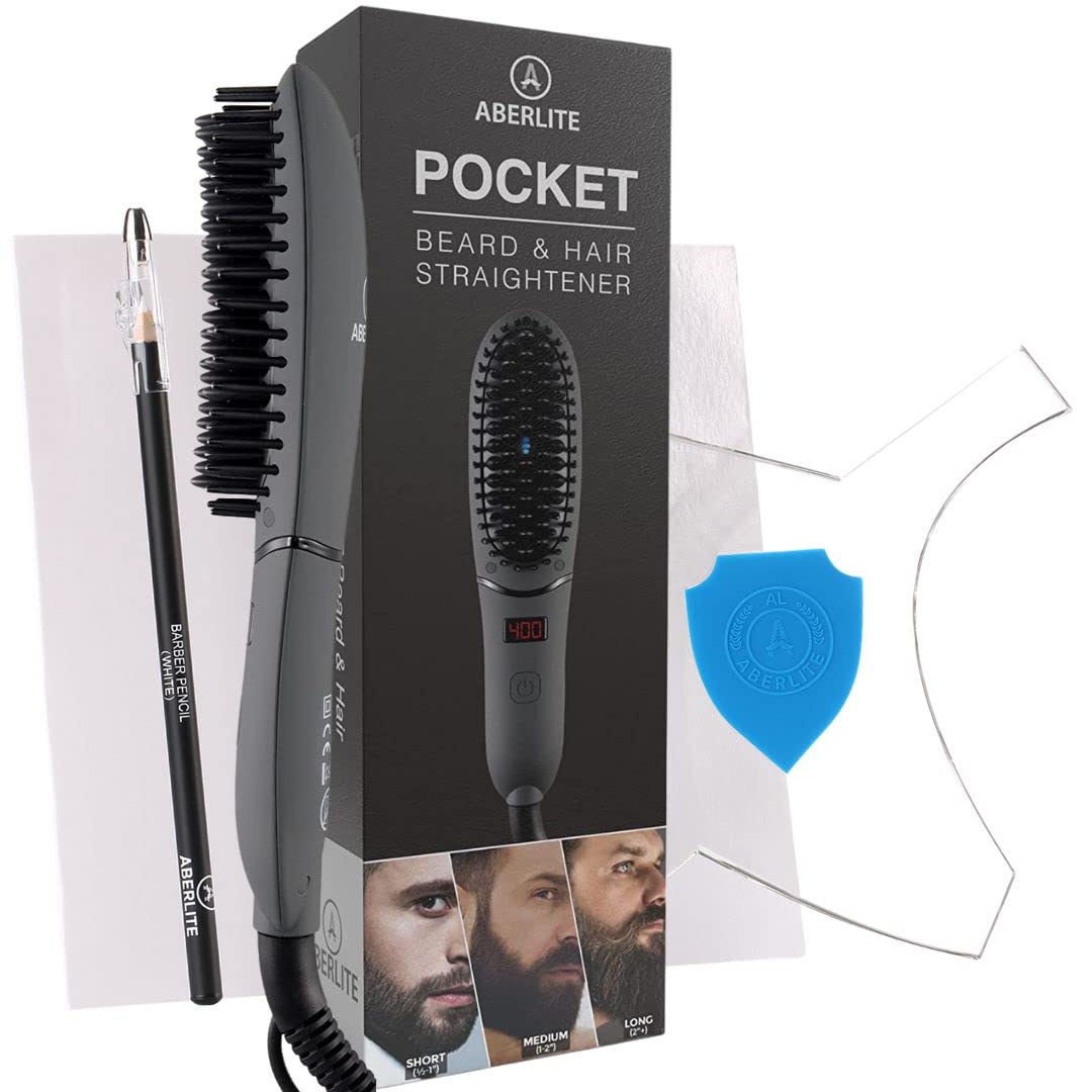 Aberlite Bundle - Beard Straightener Kit, Ultimate Neckline Shaping Tool, Patented Hair Lineup Stencil Guide Trimmer for Men, Ideal Gift