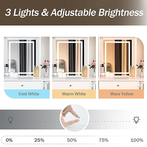 ARTETHYS Small Vanity Desk Set with 3 Adjustable Lighted Mirror and Storage Chair, Makeup Vanity Table for Small Space, White Dressing Table with Fold-up Panel for Bedroom