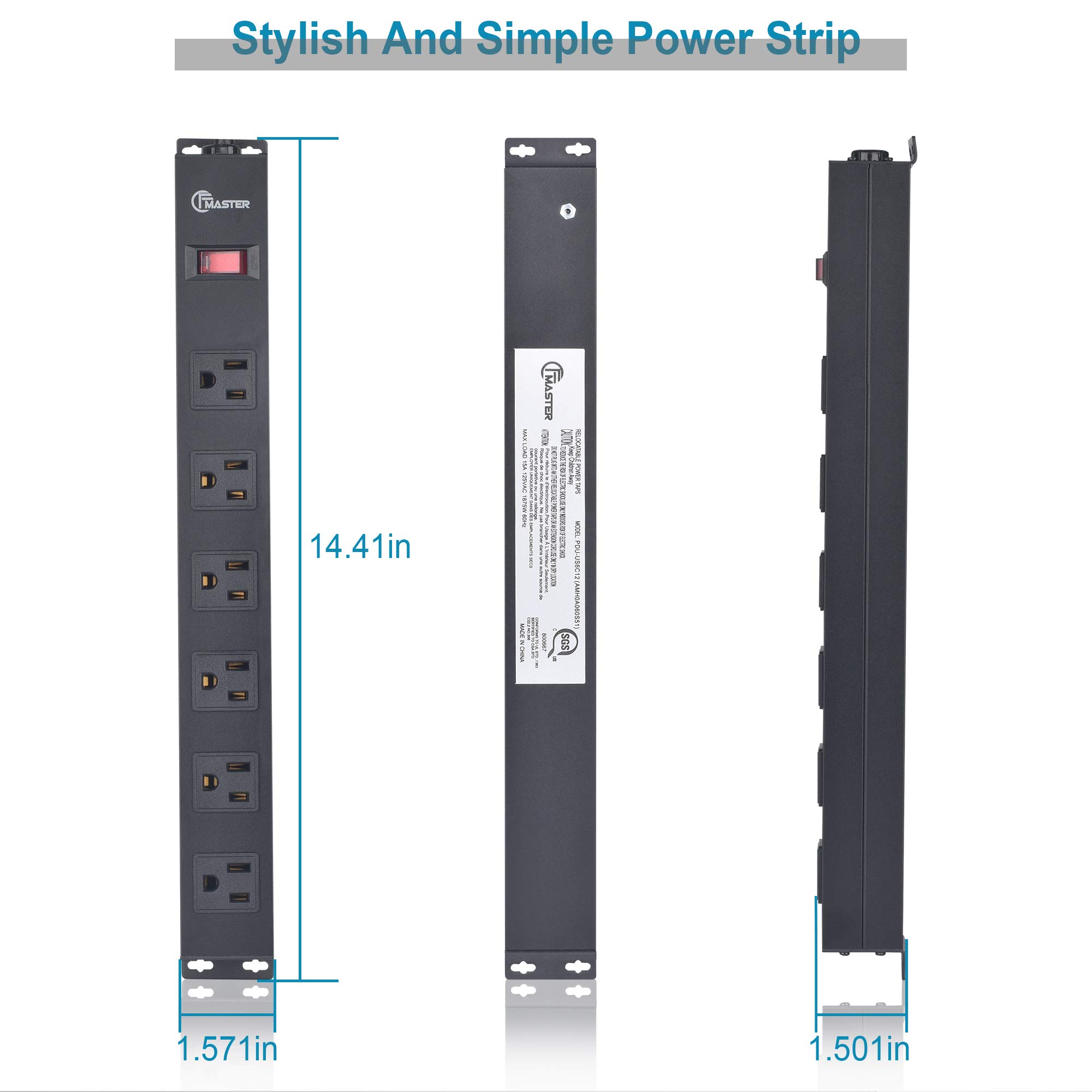 Aluminum Alloy Metal Shell Power Strip, Overload Protection, 6FT 14AWG Extension Cord, 6 Outlets with Large spacing Jacks, Suitable for Factory, Black, Specification: 15A/125VAC/1875W/60Hz