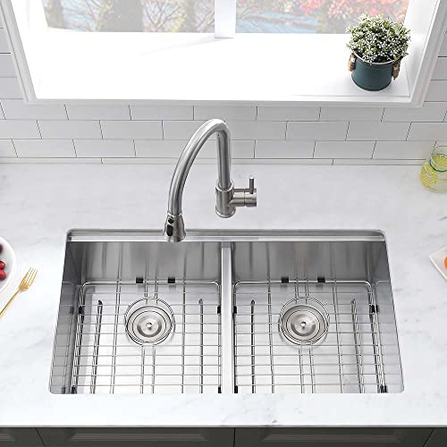 33 Inch Undermount Double Bowl Kitchen Sink Workstation- Wesliv 33x19 Stainless Steel Undermount Kitchen Sink 50/50 Low Divide Double Bowl Kitchen Sink 16 Gauge Deep Ledge Workstation Sink