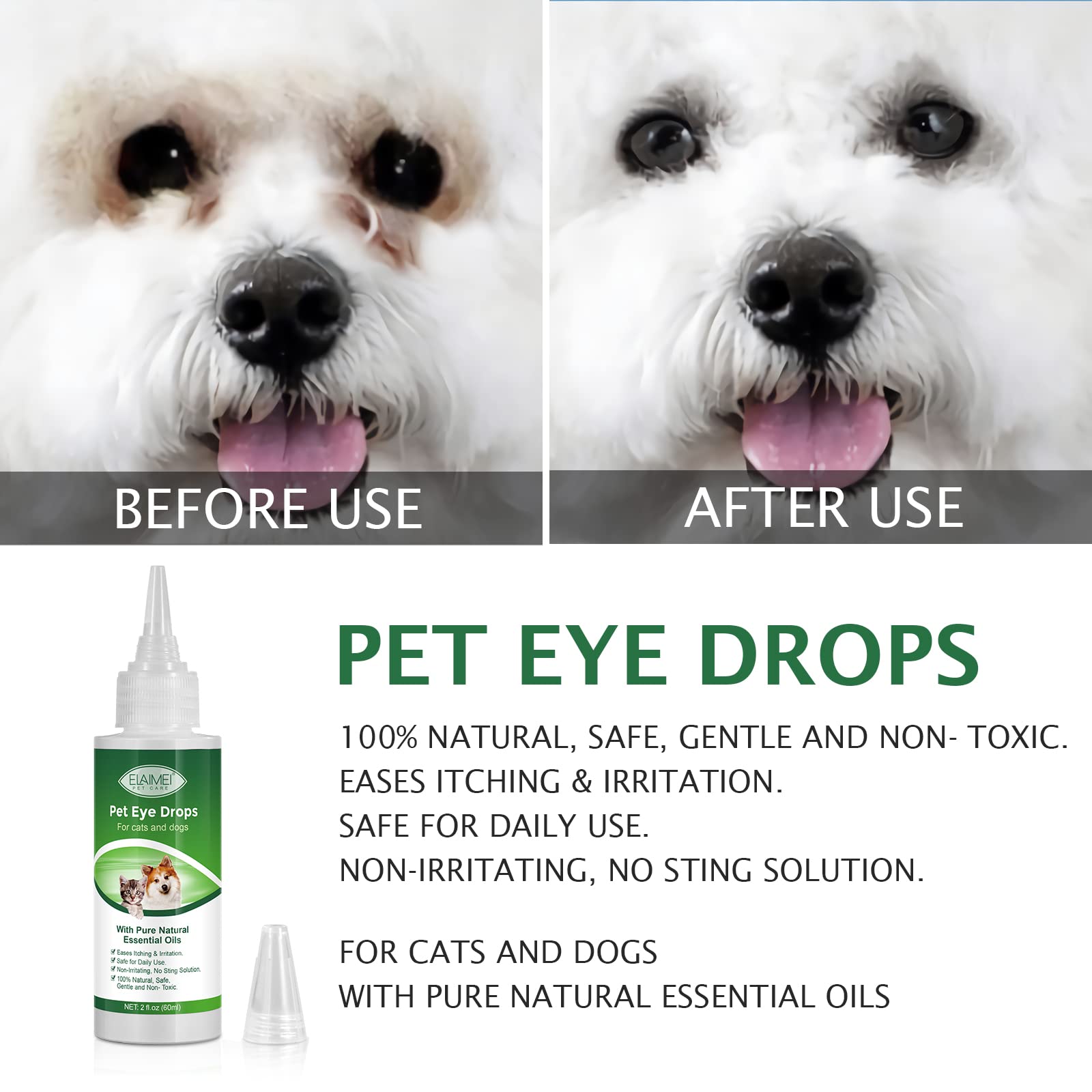 60ML Pet Eye Drops for Dog & Cat Relieve Eyes Itching & Irritation, Pink Eye & Allergies Symptoms Safe & Gentle Formula for All Animals