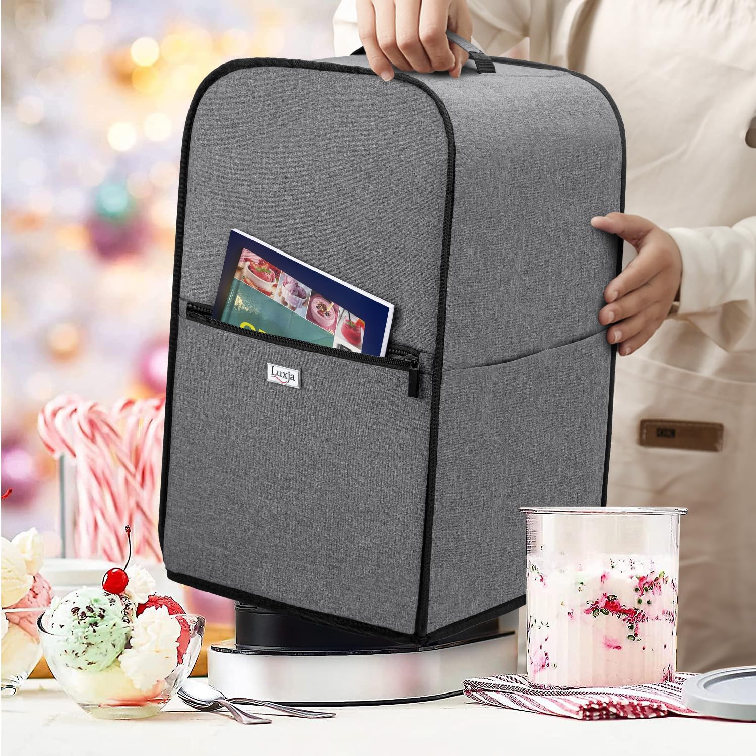 LUXJA Dust Cover Fits for Ninja CREAMi NC501, NC301, NC299AMZ, Ice Cream Maker Dust Cover Compatible for Ninja Ice Cream Maker Machine with Accessories Pockets, Gray