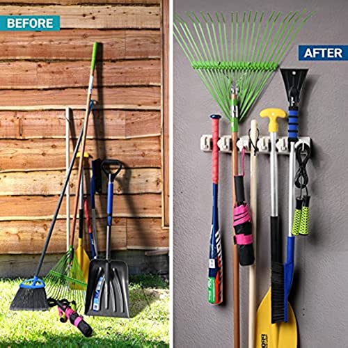 ABHYA Household Mop and Broom Holder, Storage Rack, 5 Positions, 6 Hooks Garage Storage Holds 11 Tools, Broom Holder Storage Solution, Storage System Broom Organizer.