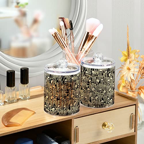 ALAZA Gothic Skull Skeleton Qtip Holder Organizer Dispenser For Cotton Ball, Cotton Swab, Cotton Round Pads, Floss,Bathroom Canisters Storage Organizer, Vanity Makeup Organizer,2Pack