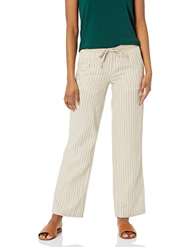 Amazon Essentials Women's Linen Blend Drawstring Wide Leg Pant (Available in Plus Size), Ecru Stripe, Small