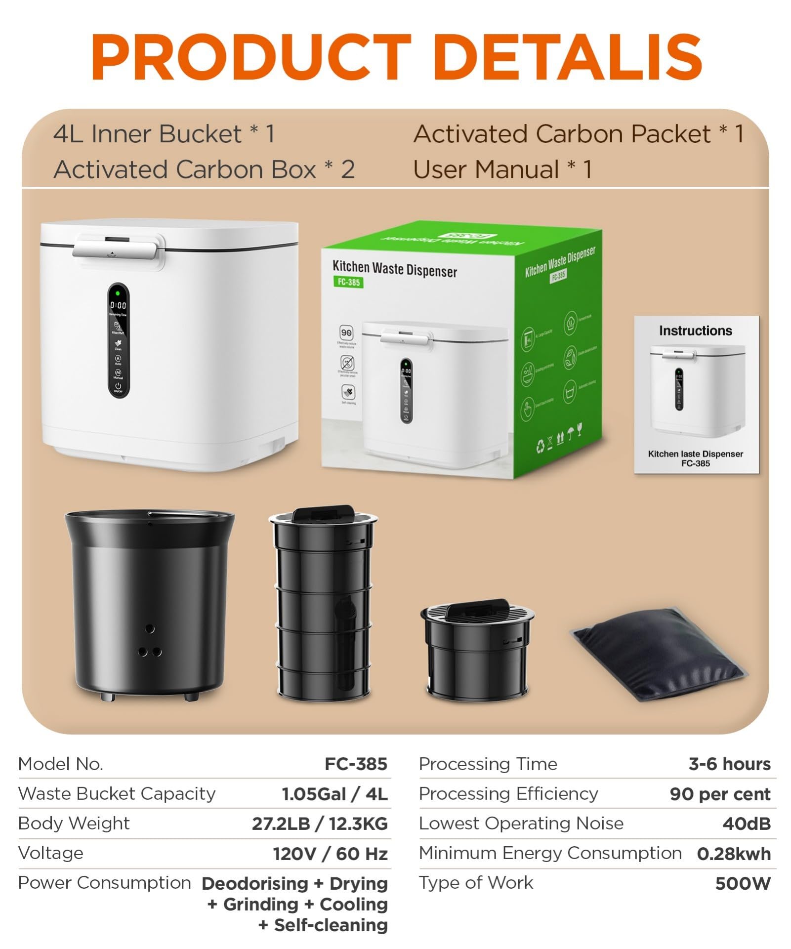4L Indoor Countertop Electric Composter, Compost Bin for Kitchen, Odorless/Auto-Cleaning/Smart LED Display/ 3 Modes, Turn Kitchen Waste to Fertilizer, Food Compost Machine for Garden