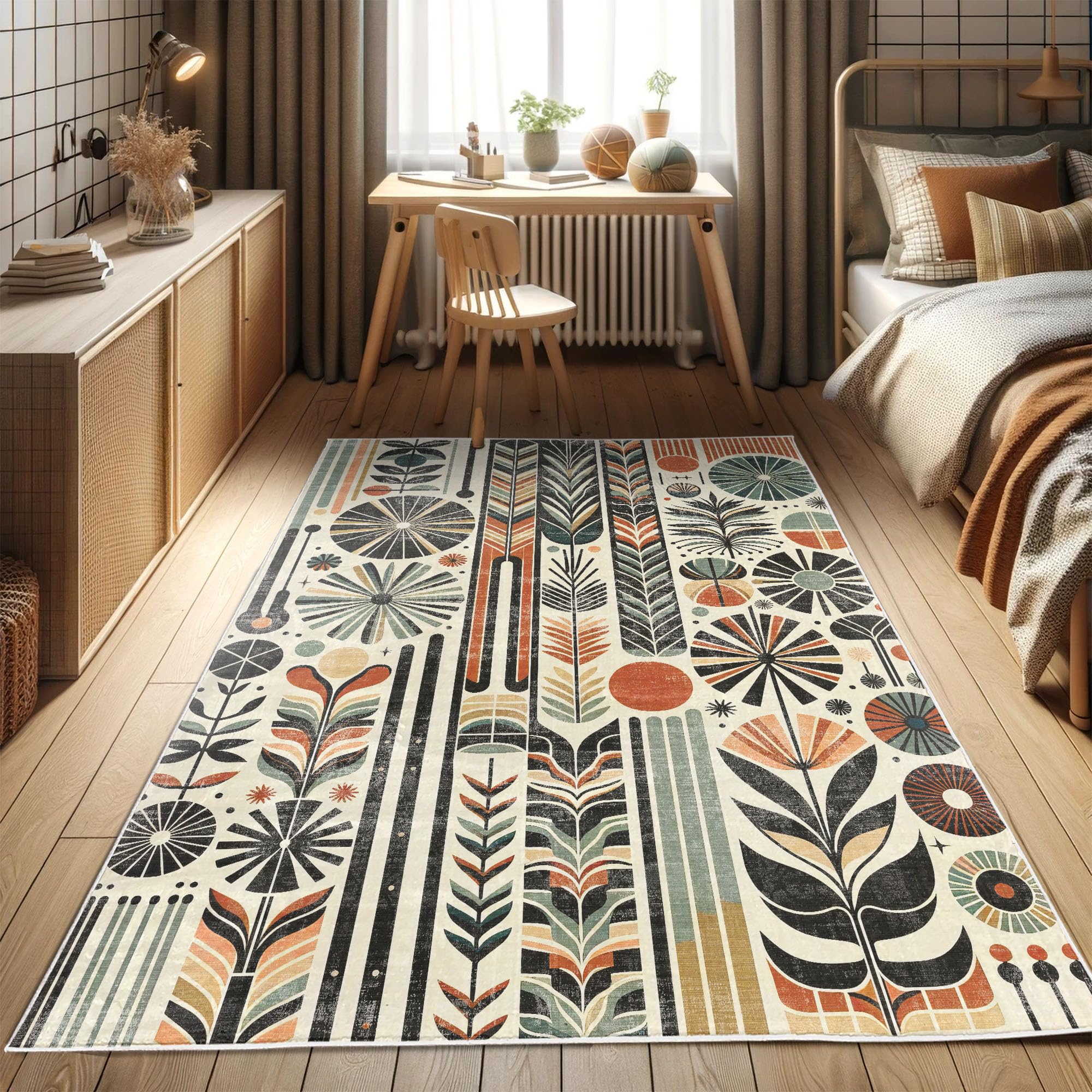 Ambesonne Bohemian Decorative Rug, Retro Mid Century Inspired Abstract Patterns on Ivory Background, Quality Carpet for Bedroom Dorm and Living Room, 4' X 5' 5", Dark Orange and Reseda Green