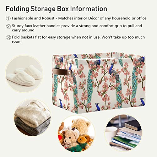 ALAZA Peacock Tropical Cherry Blossom Flower Large Storage Basket with Handles Foldable Decorative 1 Pack Storage Bin Box for Organizing Living Room Shelves Office Closet Clothes