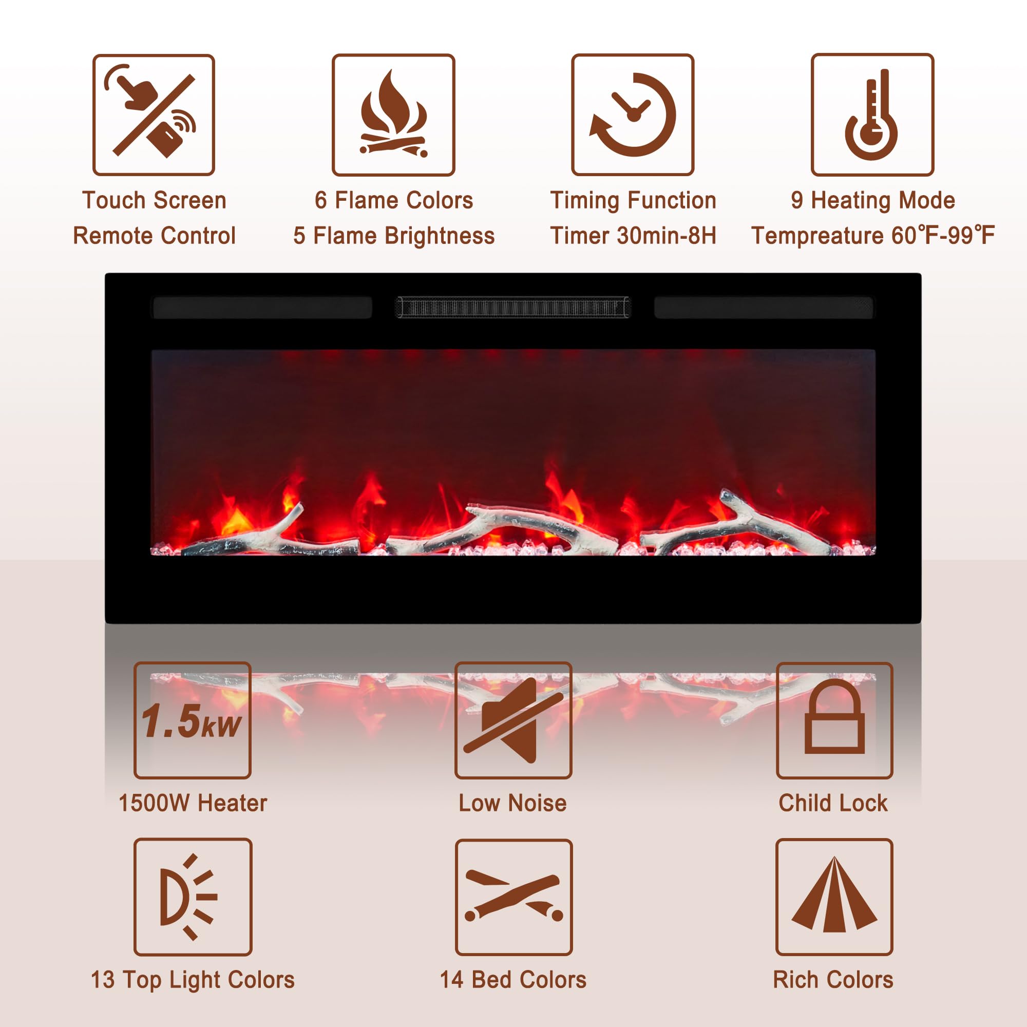 42 Inch Electric Fireplace Recessed and Wall Mounted, LED Linear Fireplace with Remote Control Ultra-Thin and Low Noise 1500W Adjustable 6 Flame Options, Timer