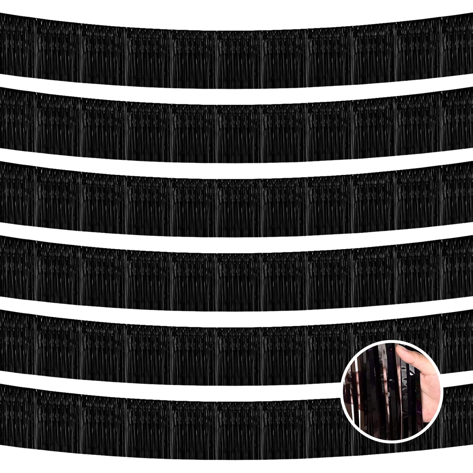 6 Pack 10 Feet Black Foil Fringe Garland Metallic Foil Tinsel Streamers, Wall Hanging Fringe Curtain Backdrop Tinsel Fringe Banner for Parade Floats, Wedding, Birthday, Halloween Party Decorations