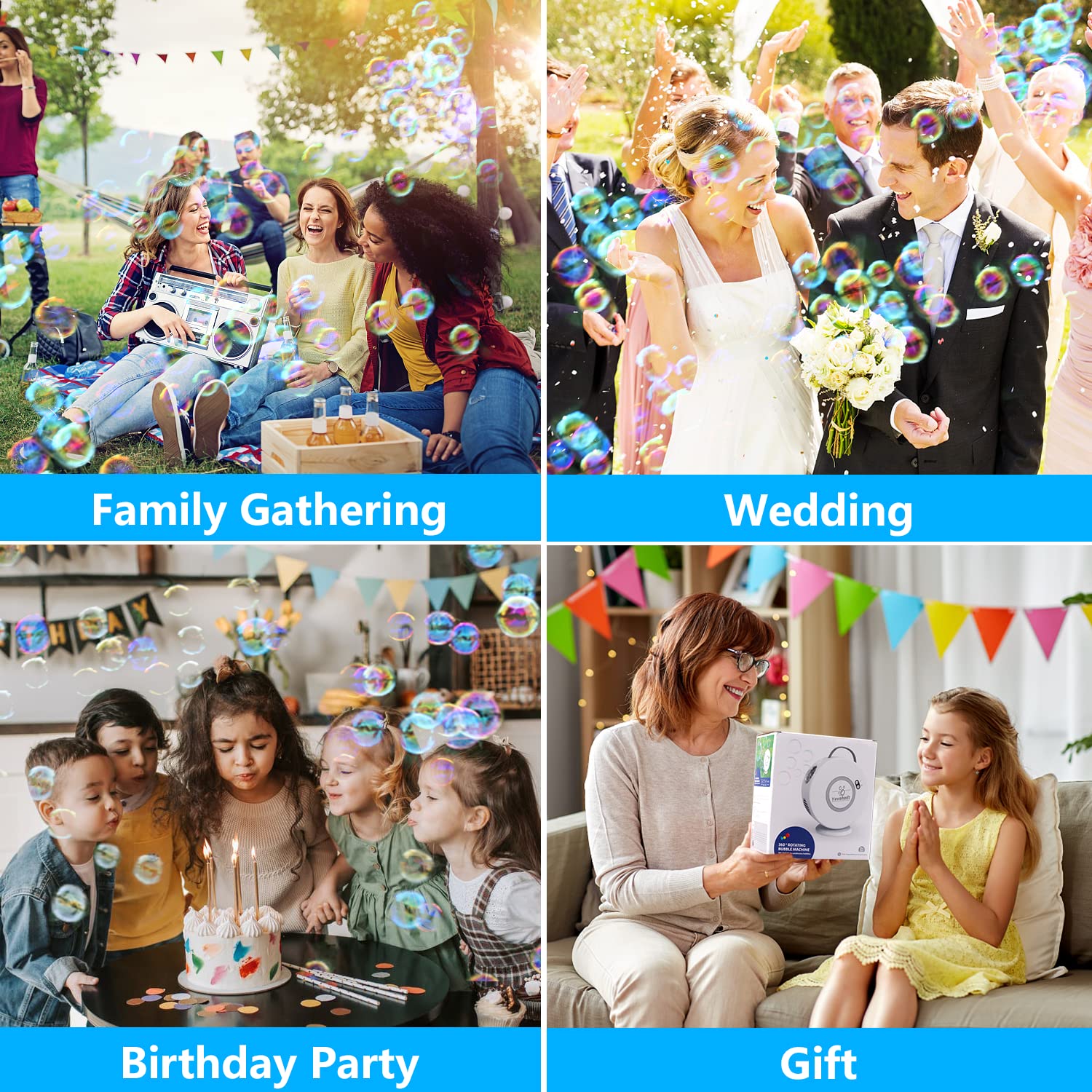 Bubble Machine for Kids Toddlers,Automatic Bubble Blower Rechargeable, 90° 360° Auto Rotatable Portable Bubble Maker Electric Bubbles Toy for 3 4 5 Year Old, Outdoor Wedding Party Birthday Gifts
