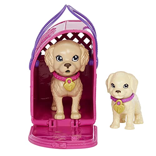 Barbie Pup Adoption Doll & Accessories Set with Color-Change, 2 Pets, Carrier & 10 Accessories, Brunette Doll in Purple Dress