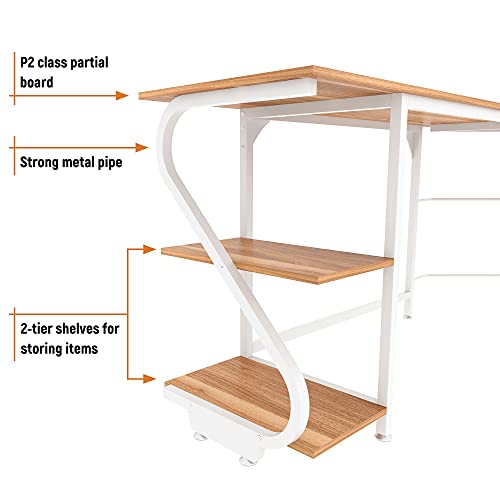 Weehom Reversible L Shaped Desk with Shelves Large Corner Computer Desks for Home Office Writing Workstation Wooden Desk Table, Walnut+White Leg