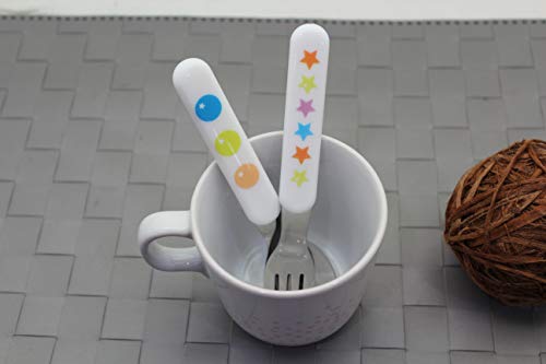ANNOVA Kids Silverware 6 Pieces Stainless Steel Children's Flatware Set 3 x Forks, 3 x Dinner Spoons Plastic Handle, Toddler Utensils Without Knives, for Babies, Infants BPA Free - Dots Stars