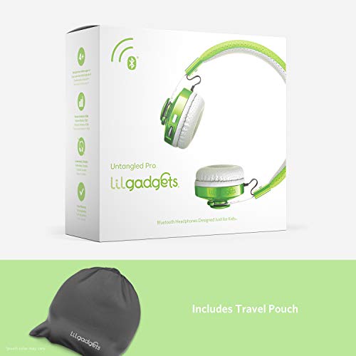 LilGadgets Untangled Pro Wireless Headphones for Kids, On-Ear Bluetooth Headphones with Built-in Microphone, No More Tangled Wires, Kids Headphones for School, Green