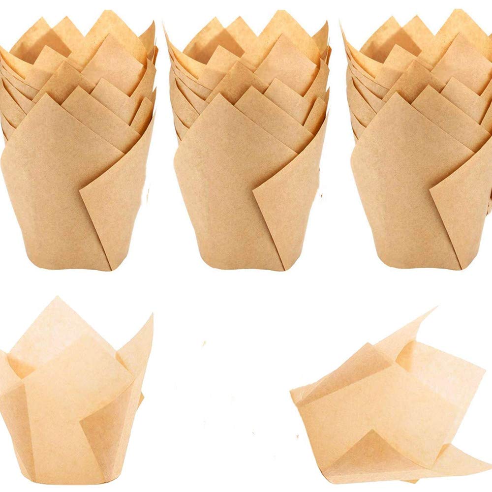 200pcs Tulip Cupcake Liners Natural Baking Cups Muffin Paper Liner Grease-Proof Wrappers for Wedding, Cases Wrappers for Wedding Birthday Partyr, Standard Size (Natural)